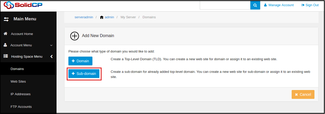 How to add a sub-domain in SolidCP - Diadem Technologies : Support Knowledgebase
